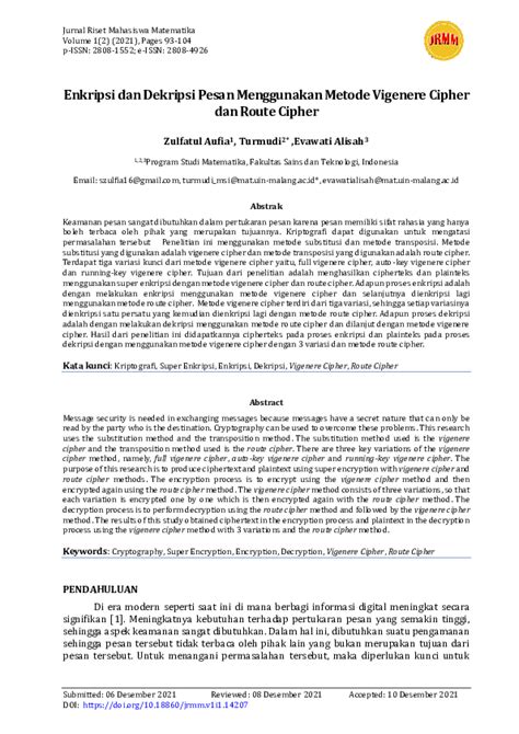 Pdf Enkripsi Dan Dekripsi Pesan Menggunakan Metode Vigenere Cipher Dan Route Cipher