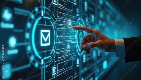 hand interacts with workflow automation system on digital screen automated document management