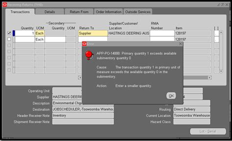 oracle masterminds po return cancellation issue primary quantity xx