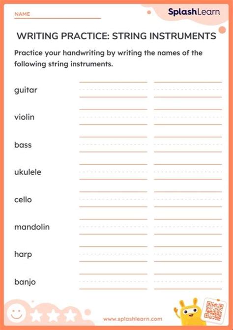 writing practice string instruments — printable ela worksheet