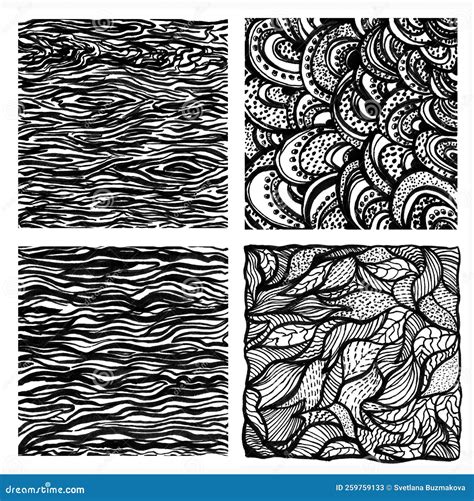 Wavy Lines Leaves Arcuate Scales With Patterns On White Backgrounds Set Of Black And White