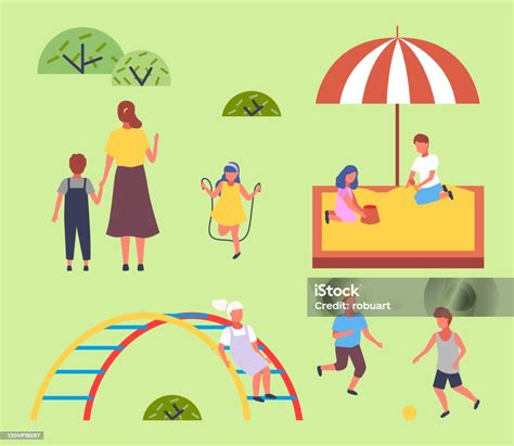 놀이터에서 시간을 보내는 아이들 아이들은 재미 점프 로프 슬라이드 샌드 박스 사다리 공을 아이에 대한 스톡 벡터 아트 및 기타 이미지 Istock