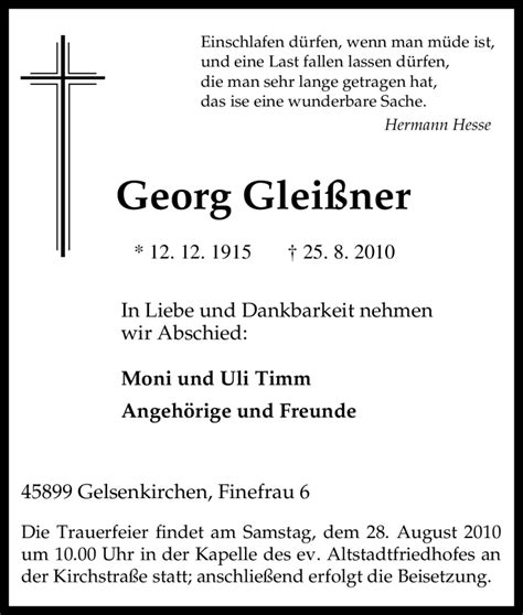 Traueranzeigen Von Georg Gleißner Trauer In Nrw De