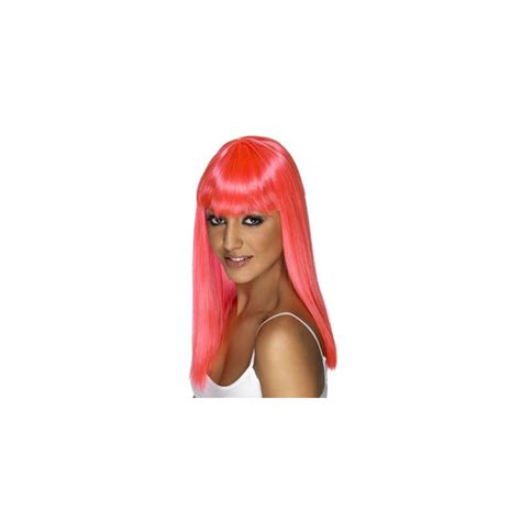 Long Straight Neon Pink Wig With Fringe