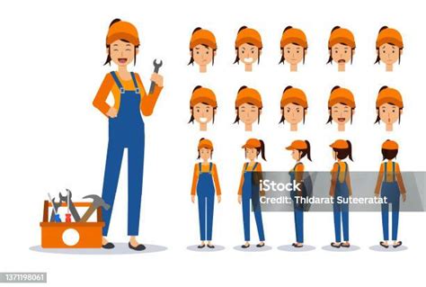 여성 정비사 다양한 보기의 수리 만화 스타일 플랫 벡터 문자 그림 기계공에 대한 스톡 벡터 아트 및 기타 이미지 기계공 기술자 렌치 Istock