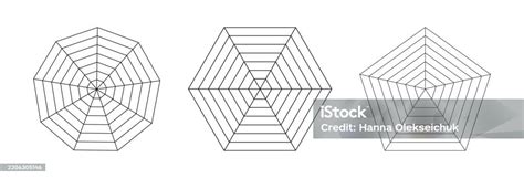 Nonagon 육각형 오각형 그래프 레이더 거미 템플릿 거미 메쉬 빈 레이더 차트가 설정됩니다 통계 분석을 위한 플랫 웹 다이어그램 코칭 도구 세그먼트가 있는 검은색 그리드