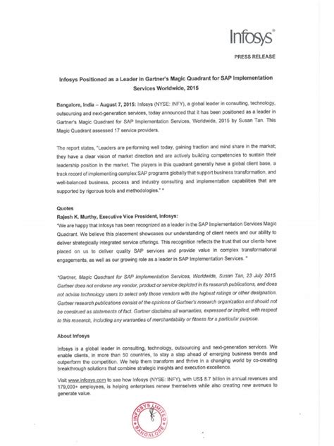 Pdf Infosys Positioned As A Leader In Gartners Magic Quadrant For Sap Implementation Services
