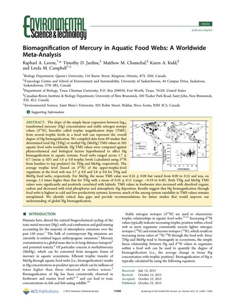 Pdf Biomagnification Of Mercury In Aquatic Food Webs A Worldwide Meta Analysis