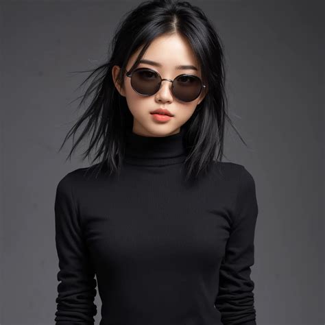Stylish Asian Girl In Black Slimfit Suit And Sunglasses Stable Diffusion
