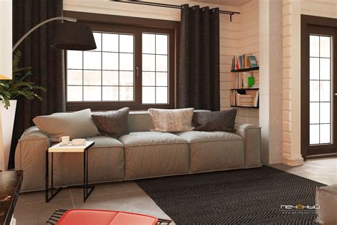 Дизайн интерьера гостиной в деревянном доме в современном стиле Серый белый коричневый