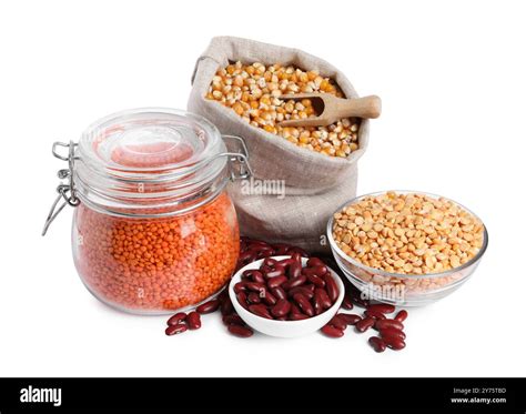 Different Types Of Legumes And Corn Kernels Isolated On White Stock