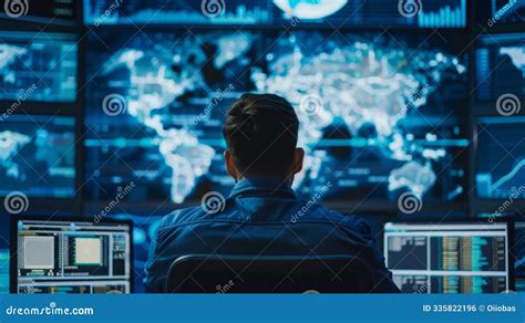 Cybersecurity Analyst Monitoring Global Data On Multiple Screens Stock Illustration