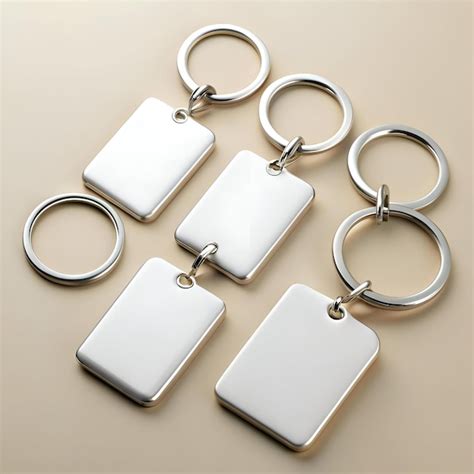 four blank metal keychains with rectangular tags perfect for adding