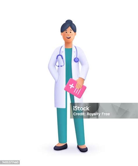유니폼과 청진기를 착용하고 클립 보드를 들고 웃는 여성 의사 의료 및 의학 개념 3d 벡터 사람들 캐릭터 일러스트레이션 만화 최소 스타일 의사에 대한 스톡 벡터 아트 및
