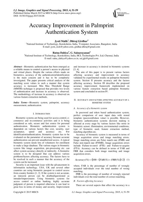 Accuracy Improvement In Palmprint Authentication System Ijigsp