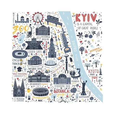 Illustrated Map Of Kyiv With Tourist Attractions And Symbols