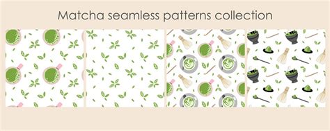 말차 원활한 패턴 세트 손으로 그린 전통 일본 음료 라떼컵 중국 녹차 트렌디한 유기농 맛있는 음료 장식 직물 포장 지 벽지 벡터