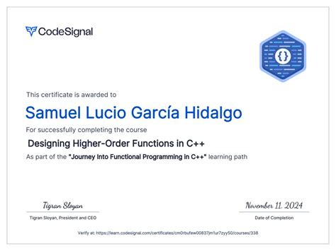 Samuel Lucio G On Linkedin Course Certificate For Designing Higher Order Functions In C