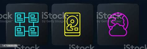 Set Line Hierarchy Organogram Chart Social Network And Hard Disk Drive