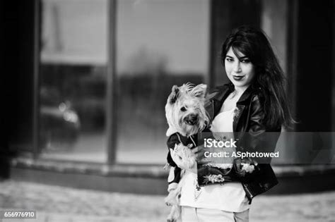 큰 창 집에 대 한 포즈 요크 셔 테리어와 갈색 머리 집시 소녀 모델 착용의 가죽 자 켓과 T 셔츠에 장식 바지 가죽에 대한 스톡 사진 및 기타 이미지 Istock