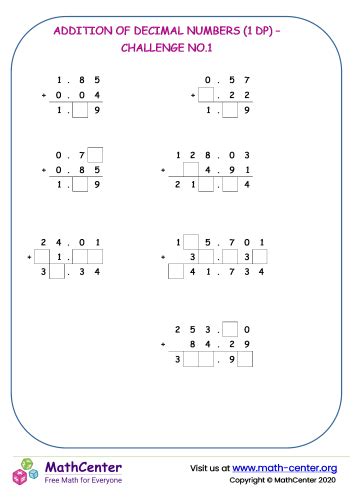 Addition Of Decimal Numbers 1 Dp Challenge No1 Worksheets Math