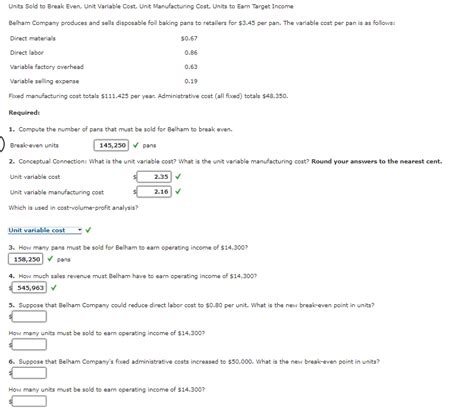 solved units sold to break even unit variable cost unit