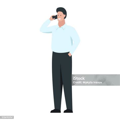 전화로 말하는 행복한 웃는 남자의 벡터 개념 그림입니다 서 남성 캐릭터 전체 길이 만화 그림입니다 남자는 전화를 걸고 휴대
