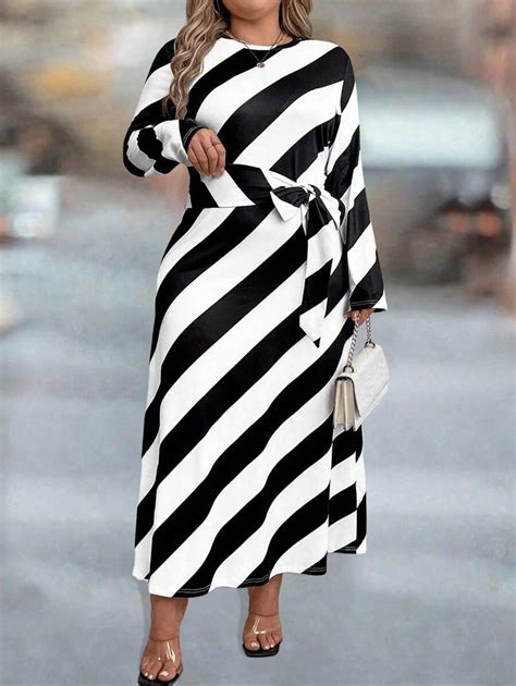 Shein Curve Plus Size Casual Striped Tie Waist Dress Minimalist Style