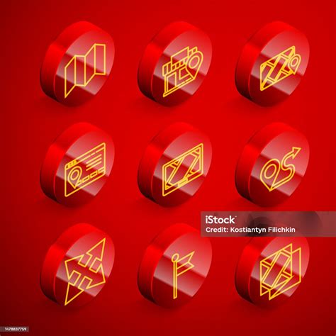 선 설정 접힌지도 상점이있는 위치 도시 내비게이션 도시 인포 그래픽 Gps 장치 경로 위치 도로 교통 표지판 및 마커 아이콘 벡터 3차원 형태에 대한 스톡 벡터 아트 및