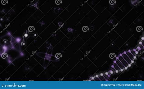 Animation Of Light Trails In Seamless Pattern Over Dna And Molecular Structures On Black