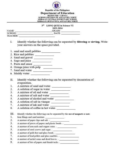 long quiz method of separating mixture pdf
