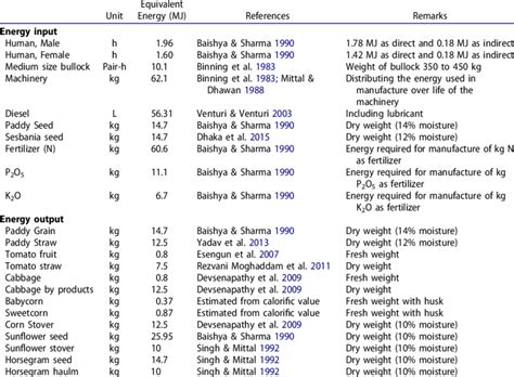 Energy Equivalents Of Various Inputs And Outputs With References Download Table