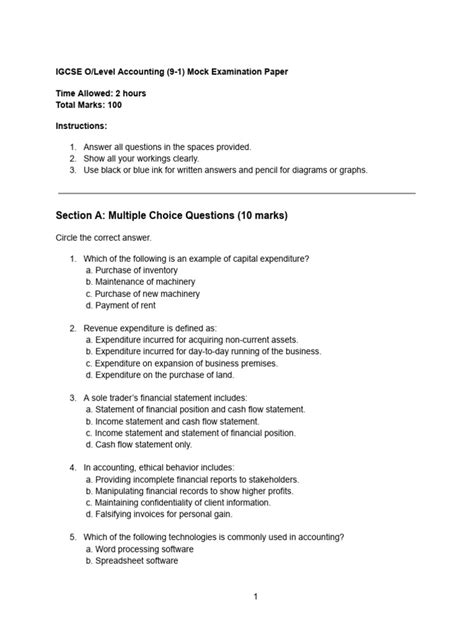 Igcse O Level Accounting 9 1 Mock Examination Paper Pdf Expense Debits And Credits