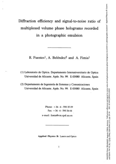 Pdf Diffraction Efficiency And Signal To Noise Ratio Of Multiplexed Volume Phase Holograms