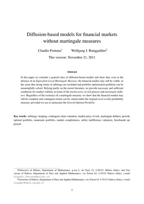 Pdf Diffusion Based Models For Financial Markets Without Martingale Measures