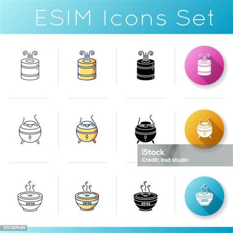 초음파 공기 청정기 가전 제품 아이콘 세트 호흡 관리 장치 이오니저 실내 습도 조절기 선형 검정 색 및 Rgb 색상 스타일 격리된 벡터 그림 가습기에 대한 스톡 벡터 아트