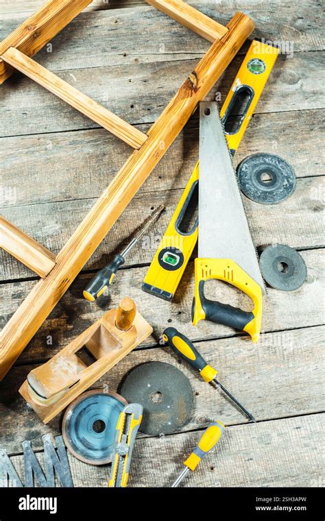 Tools And Wooden Structure On A Workbench Ready For Assembly In A