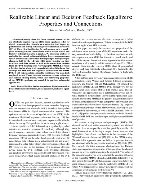 Pdf Realizable Linear And Decision Feedback Equalizers Properties
