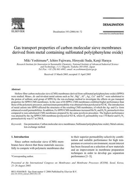 Pdf Gas Transport Properties Of Carbon Molecular Sieve Membranes Derived From Metal Containing