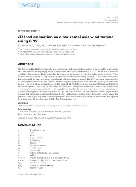Pdf 3d Load Estimation On A Horizontal Axis Wind Turbine Using Spiv
