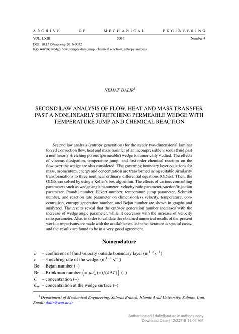Pdf Second Law Analysis Of Flow Heat And Mass Transfer Past A Nonlinearly Stretching