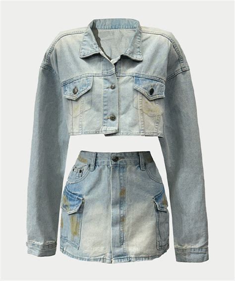 2piece Y2k 빈티지 연청 워싱 나염 오버핏 데님 크롭자켓 청자켓 힙 빈티지 유니크 포켓 카고 연청 데님 스커트 봄 가을 데님 투피스 에이블리