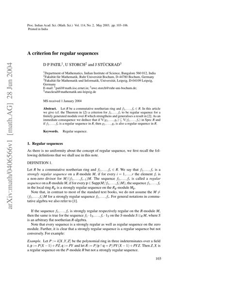 Pdf A Criterion For Regular Sequences