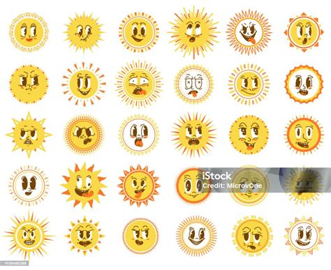 태양은 요소에 직면합니다 아침 햇살 행복한 귀여운 만화 태양 고립 된 감정적 인 봄 여름 캐릭터 노란색 재미 아늑한 벡터 그래픽 아이콘 태양 하늘에 대한 스톡 벡터 아트 및