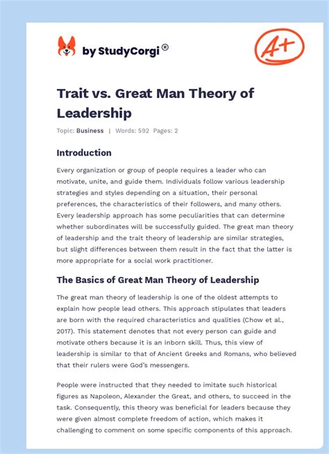 Trait Vs Great Man Theory Of Leadership Free Essay Example