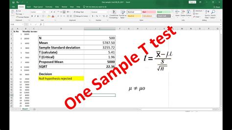 One Sample T Test Using Excel YouTube