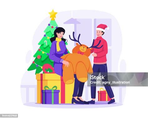 어머니는 크리스마스와 새해 겨울 휴가를 축하하기 위해 아들에게 선물로 봉제 순록을 줍니다 플랫 스타일의 벡터 그림 12월에 대한 스톡 벡터 아트 및 기타 이미지 Istock