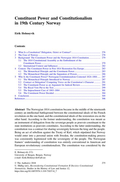Pdf Constituent Power And Constitutionalism In 19th Century Norway