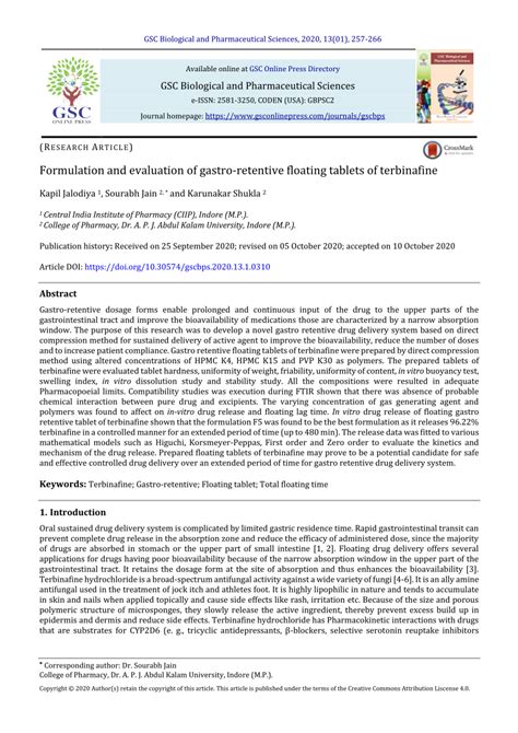 Pdf Formulation And Evaluation Of Gastro Retentive Floating Tablets Of Terbinafine