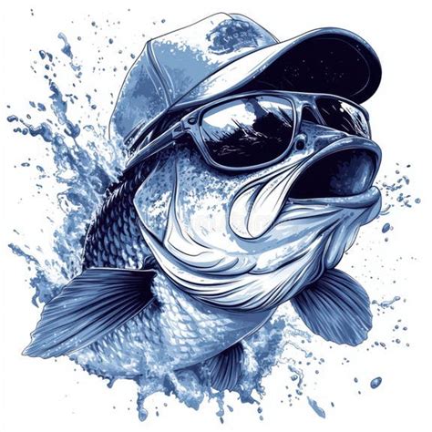 Cool Bass Fish Wearing Sunglasses And Cap Splashing Water Stock